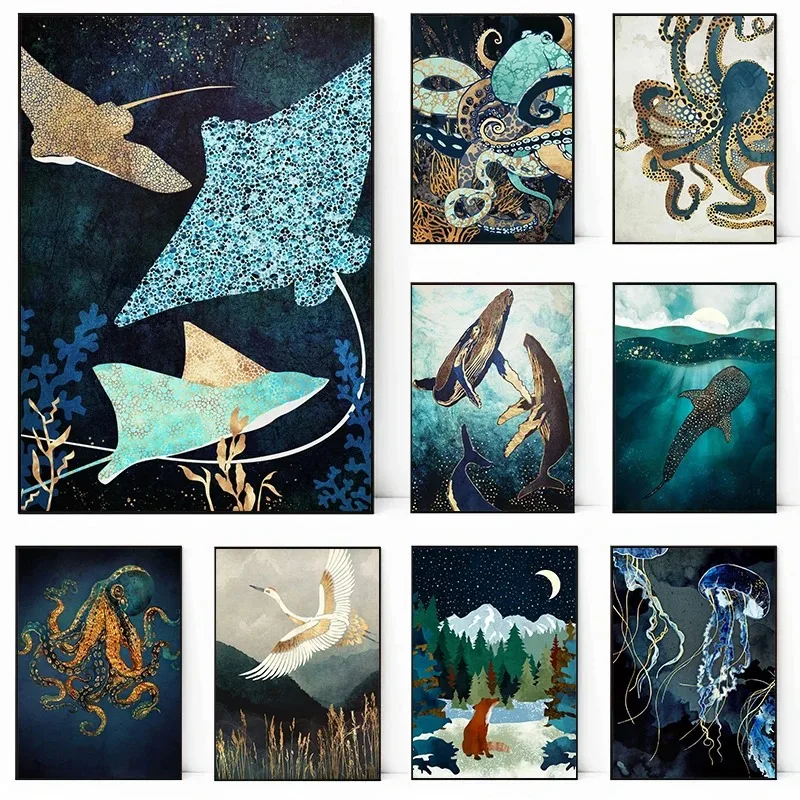 Marble-Golden-Sealife-Animals-Octopus-Blue-Whale-Snake-Poster-and ...