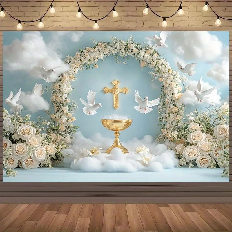 1 2D banner, golden chalice, white dove and floral arch - wedding and ...