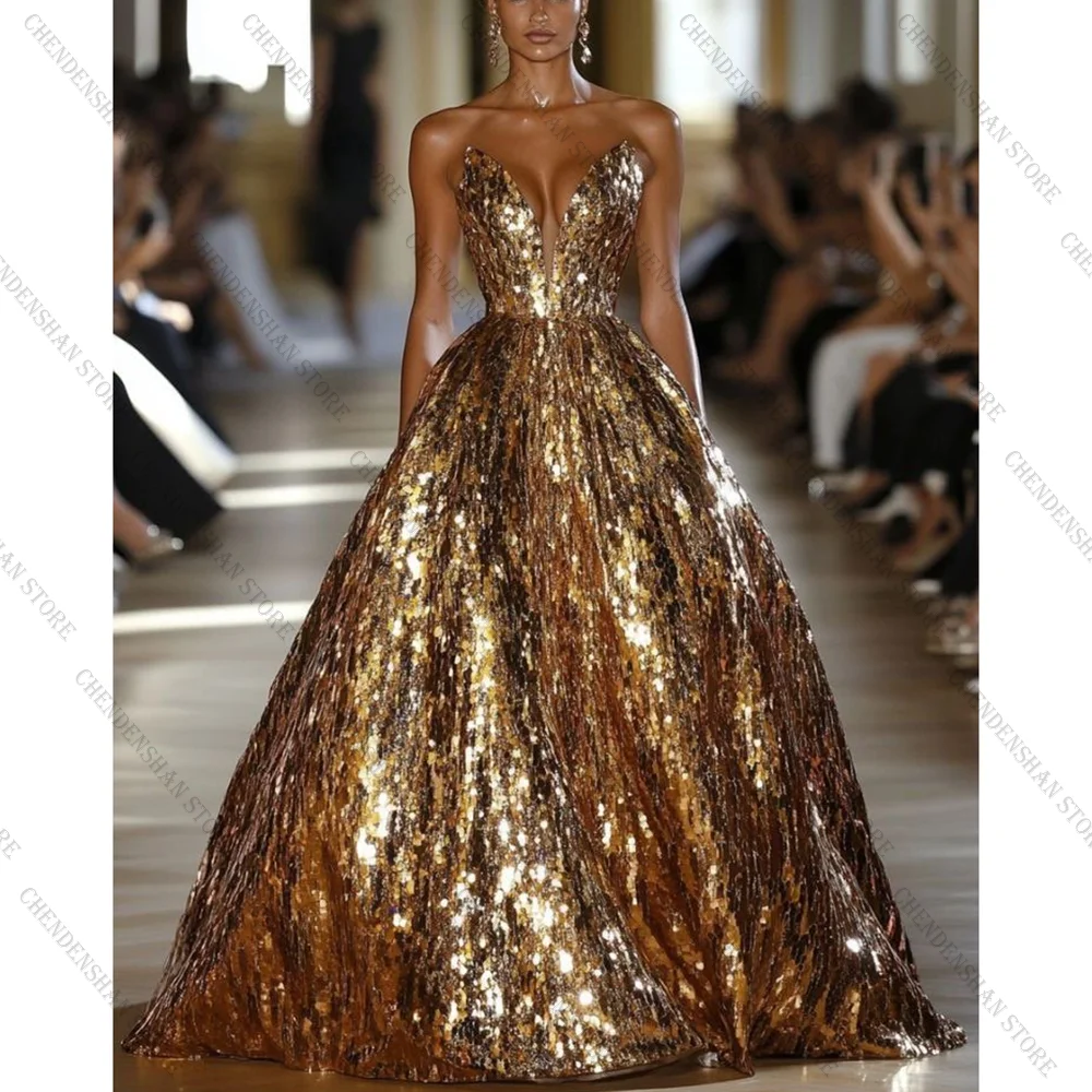 Luxury Gold Strapless Ball Gown Evening Dress High End Fashion Show ...