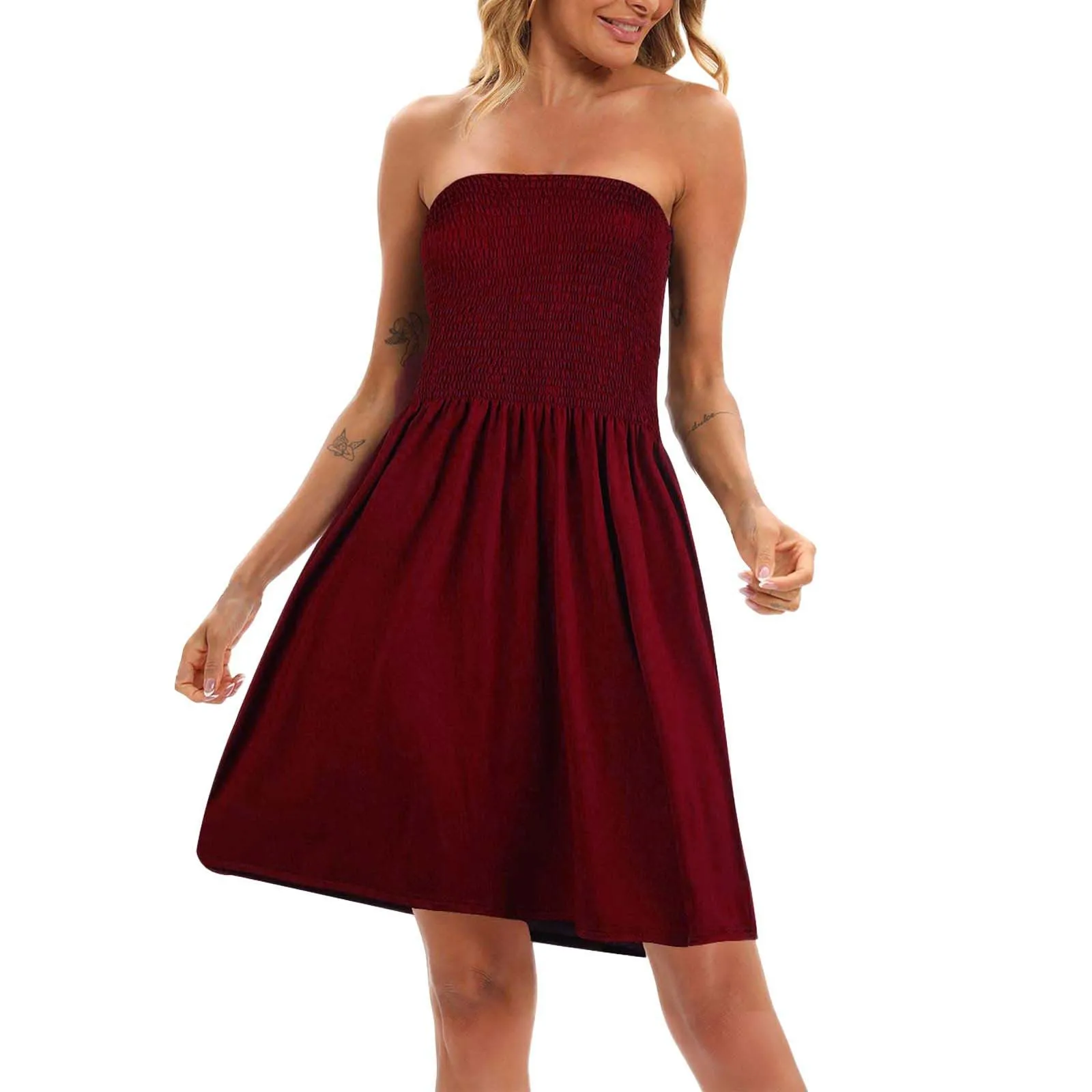 Sexy Off Shoulder Strapless Dress Women Summer Pleated Elastic Waist ...