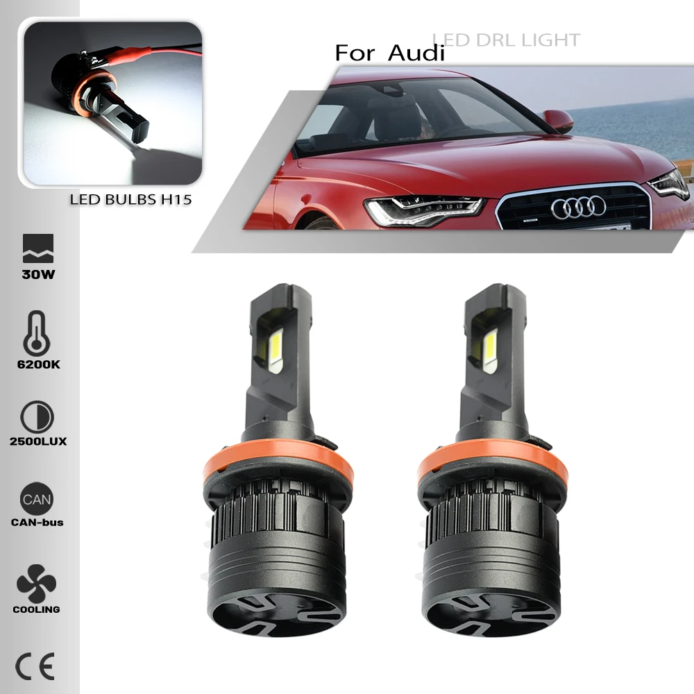 2pcs H15 Led Bulbs White Canbus Led High Beam With Drl For Audi A3 A5 A6 Q7 Porsche Macan ...