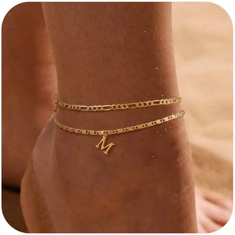 Initial-Layered-Waterproof-Anklet-Bracelets-On-Leg-Layering-Thin-Figaro ...