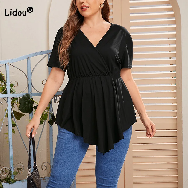 Plus-Size-Clothes-Women-s-Casual-Solid-Color-Summer-V-Neck-Folds-Short ...