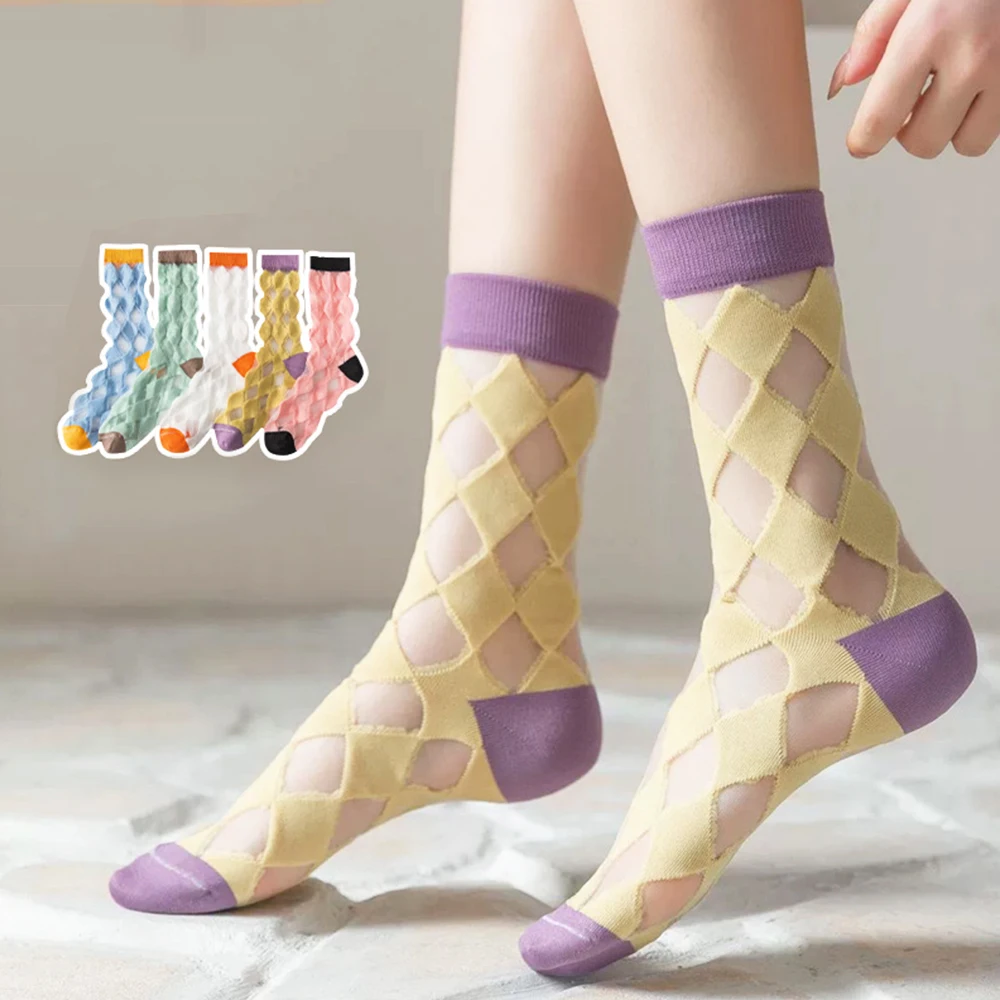 Transparent-Crystal-Women-Cotton-Socks-6Pairs-Harajuku-Fashion-Rhombus ...