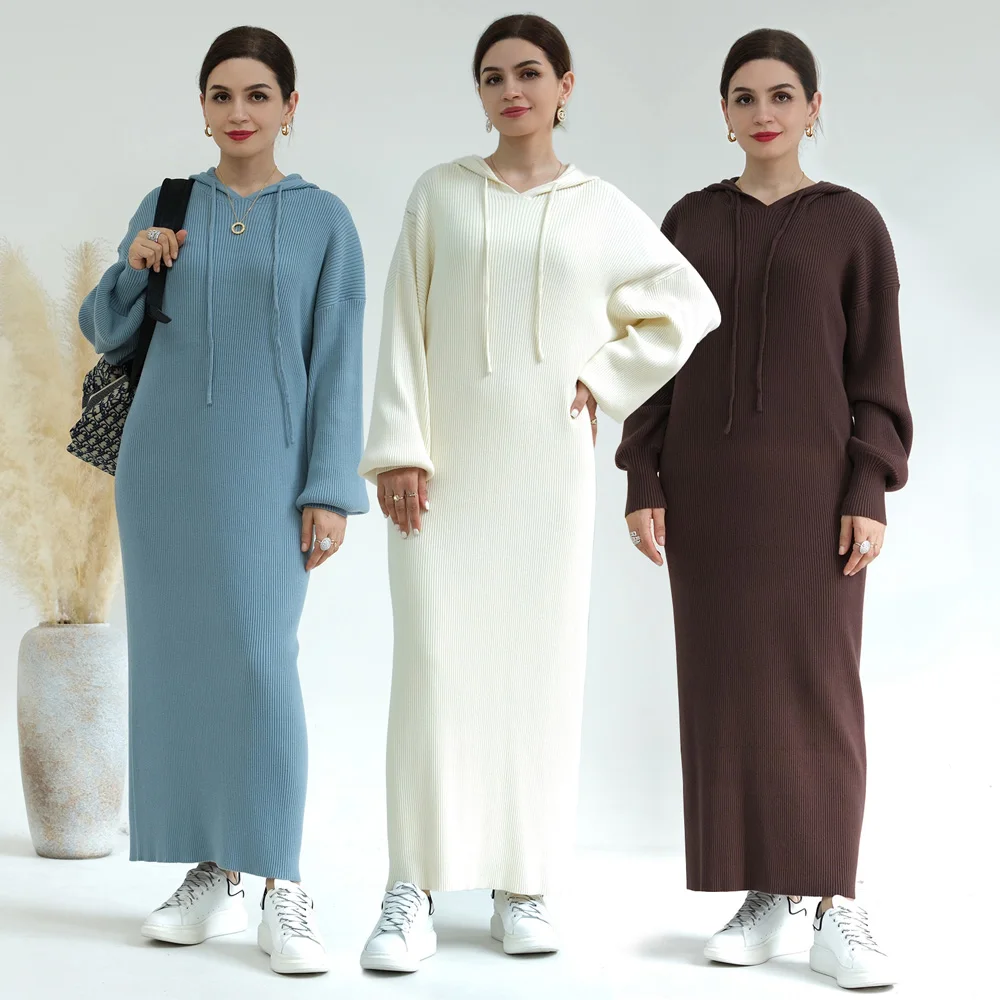 Autumn-Maxi-Ribbed-Sweater-Dress-Women-Muslim-Hooded-Long-Ballon-Sleeve ...