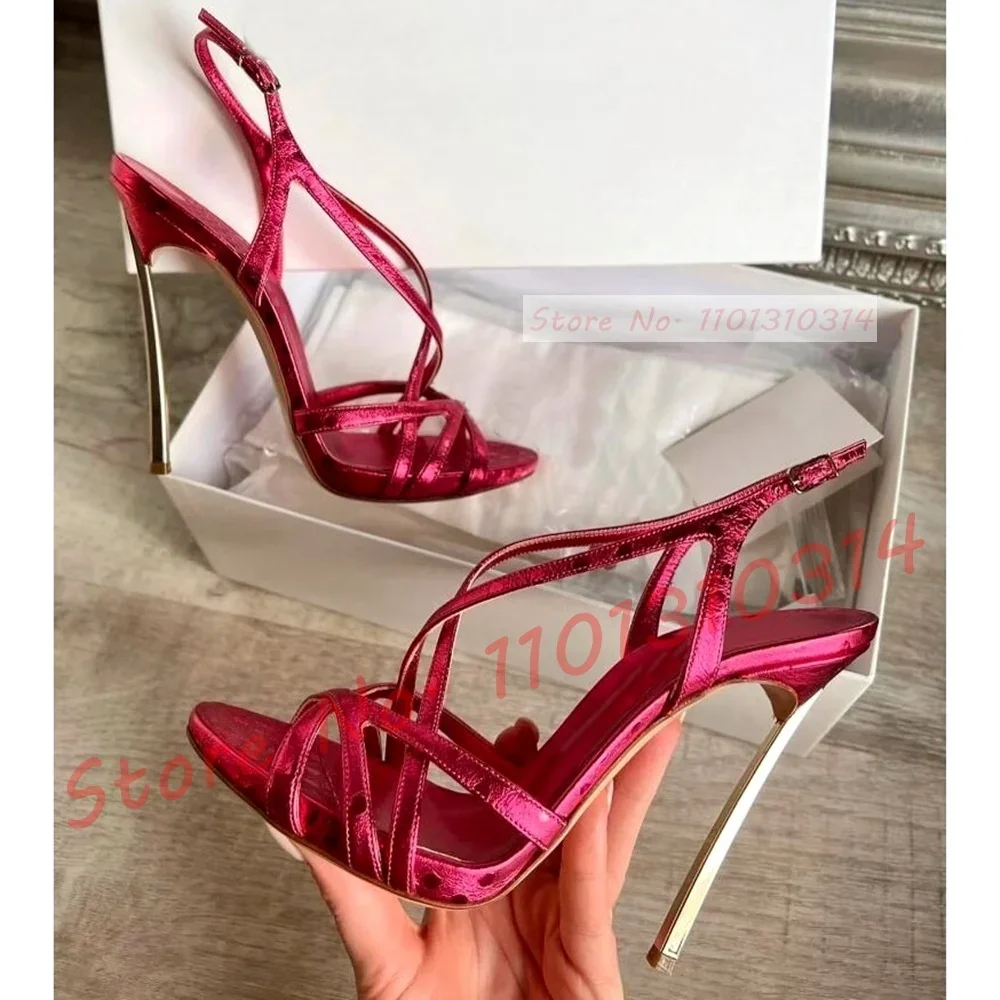 Red Metallic Metal Heels Sandals Women Slingback Cross Strap Luxury ...