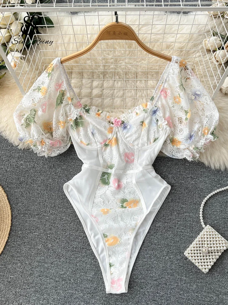 SINGREINY-Women-Lace-Floral-Print-Bodysuits-Short-Sleeves-Transparent ...
