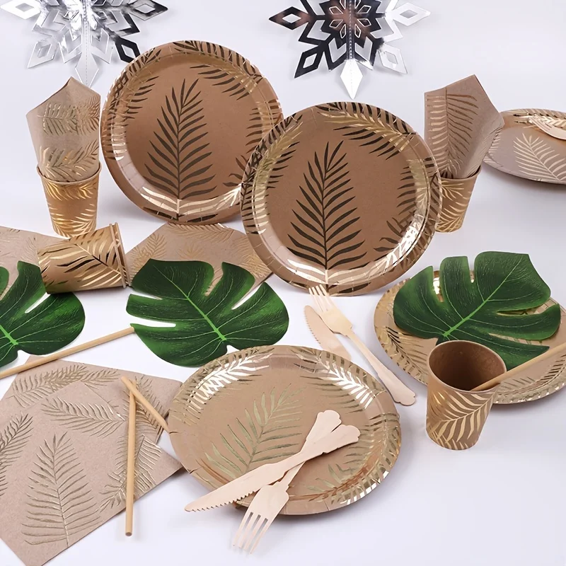 Disposable-Kraft-Paper-Tableware-Set-Golden-Colored-Palm-Leaf-Pattern ...