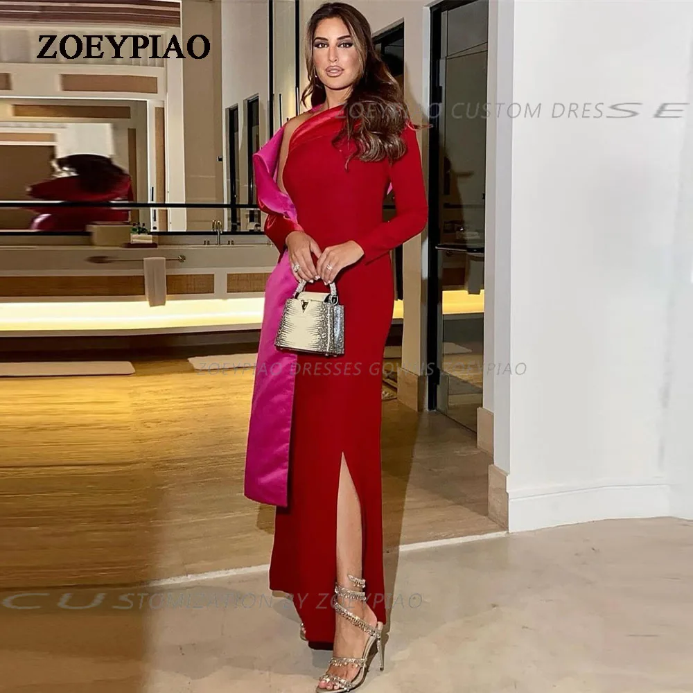 Simple-One-shoulder-Red-Pink-Prom-Dresses-Short-Side-Slit-Satin-Party ...