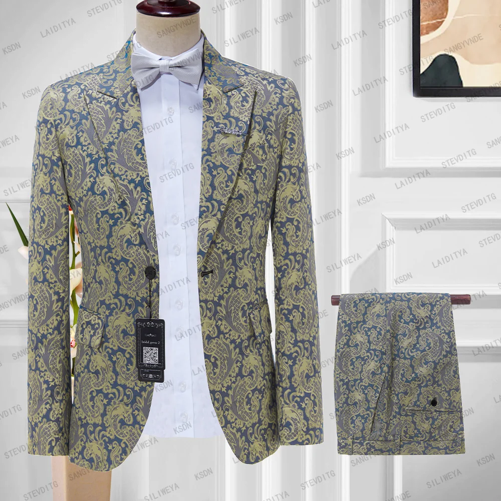 2023 New Arrival Blue And Yellow Printed Tuxedo Suits for Men Wedding ...