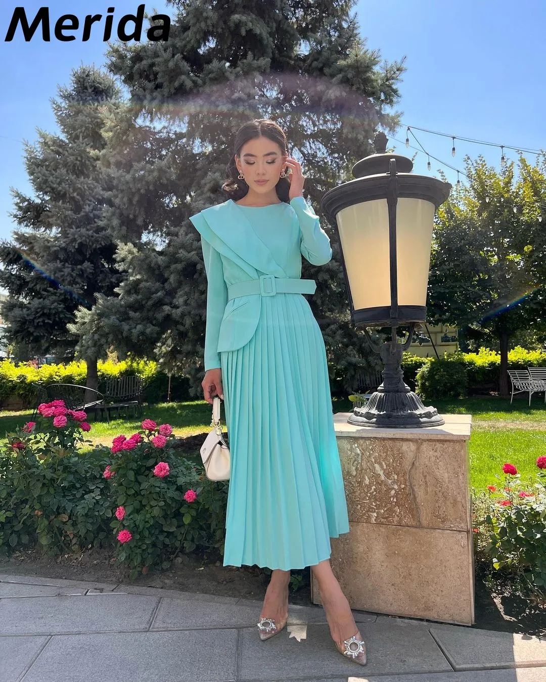 Merida Vestidos plisados de manga larga con banda, vestido elegante de ...