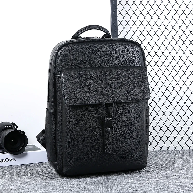 Black-PU-Large-Capacity-Backpack-Simple-Casual-High-Quality-Backpack ...