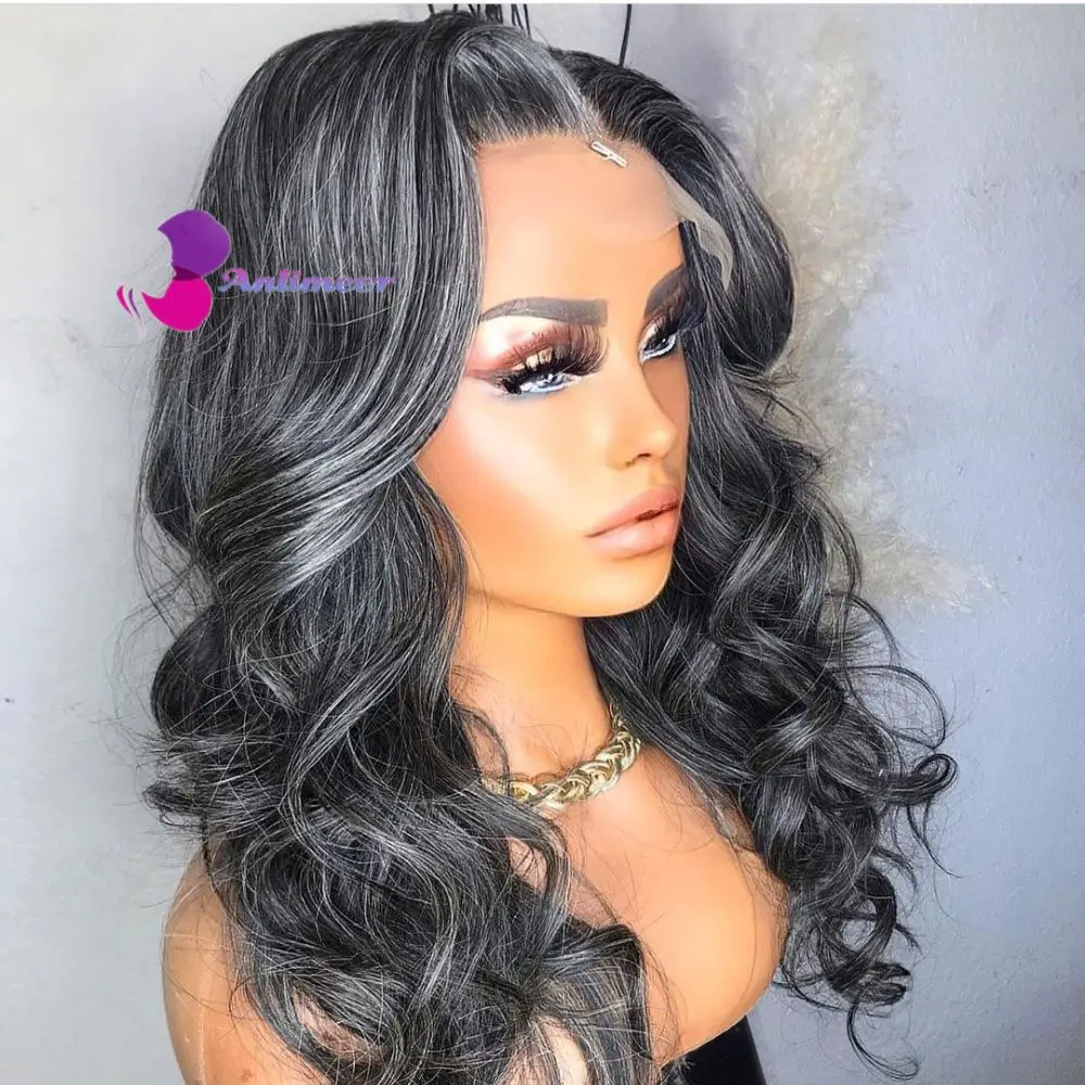 Perruque Lace Front Wig naturelle ondulée noire et grise, cheveux ...