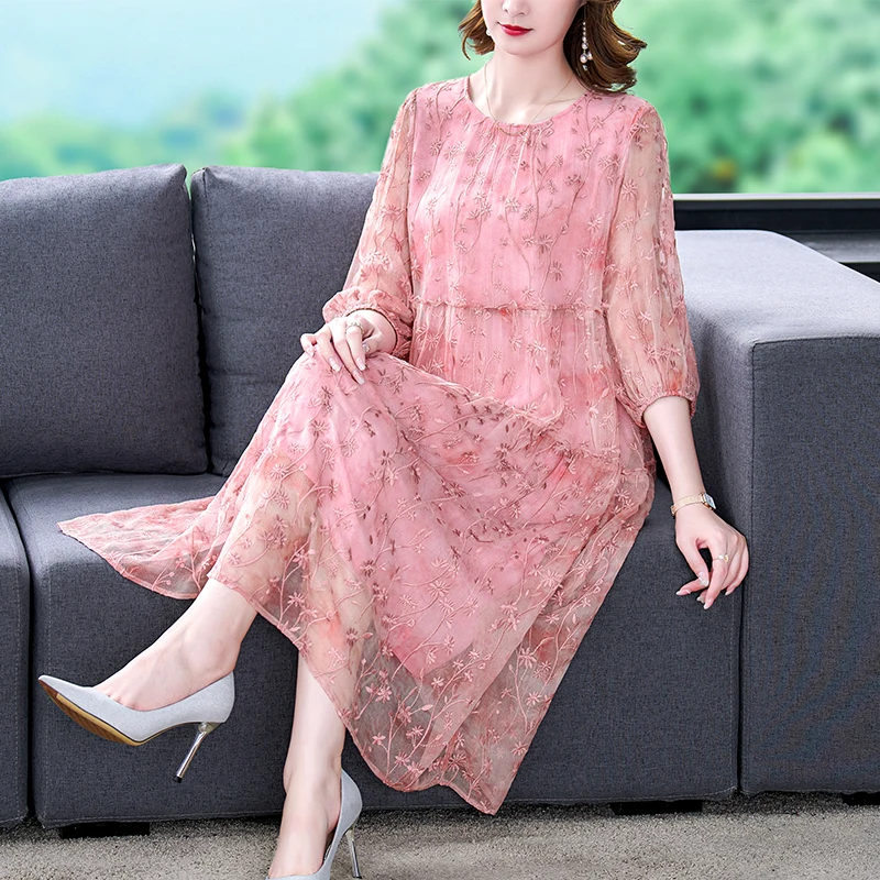 2024-New-Pink-Mesh-Embroidery-Midi-Dress-Spring-Summer-Fashion-Light ...
