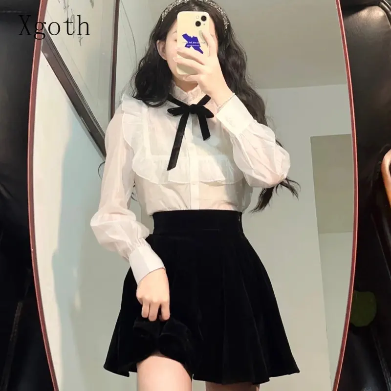 Xgoth-Female-Girly-Set-French-Retro-Court-Style-Bow-Bubble-Sleeve-Long-Sleeve-Shirt-Women ...