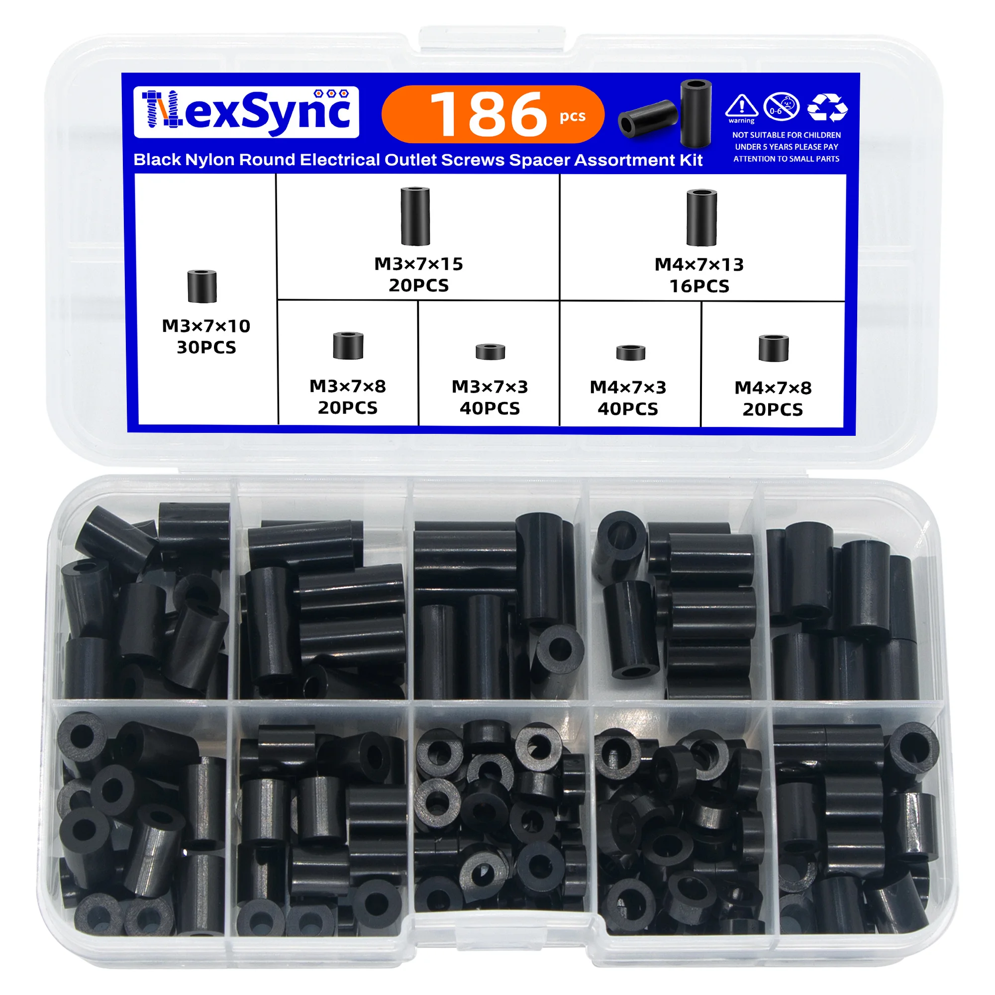 186pcs Black Nylon Round Electrical Outlet Screws Spacer Assortment kit ...