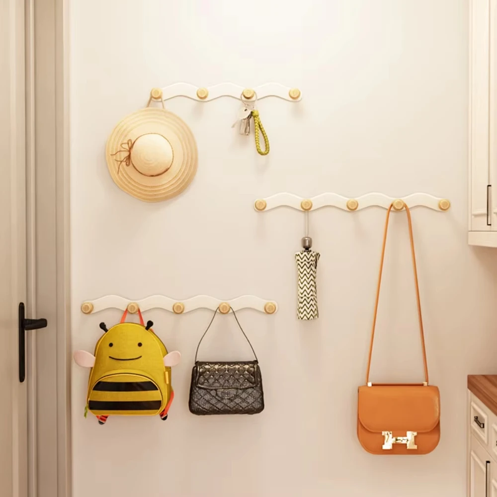 Creative-Wave-Iron-Hook-Row-Hook-Wooden-Coat-Rack-Bedroom-Free-Punch ...