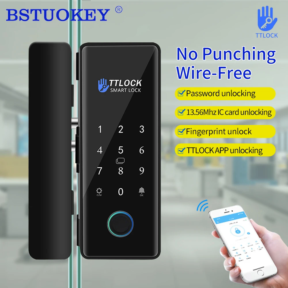Digital Fingerprint Glass Door Lock Remote Control Bluetooth TTLock App Passcode Rfid Card ...