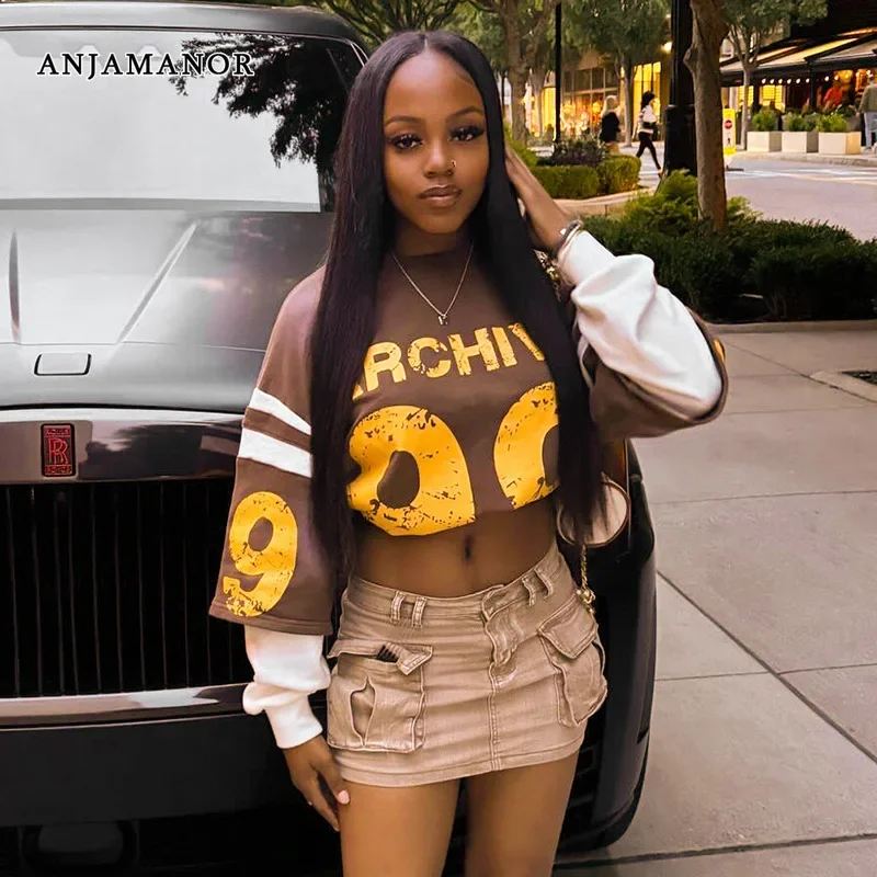 ANJAMANOR-Letter-Print-Graphic-Hoodies-Fake-Two-piece-Long-Sleeve-Tops ...