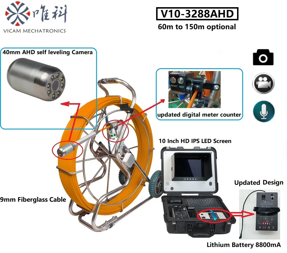 Vicam 60M 150M Pipe Inspection Camera System V10-3288AHD 40mm self ...