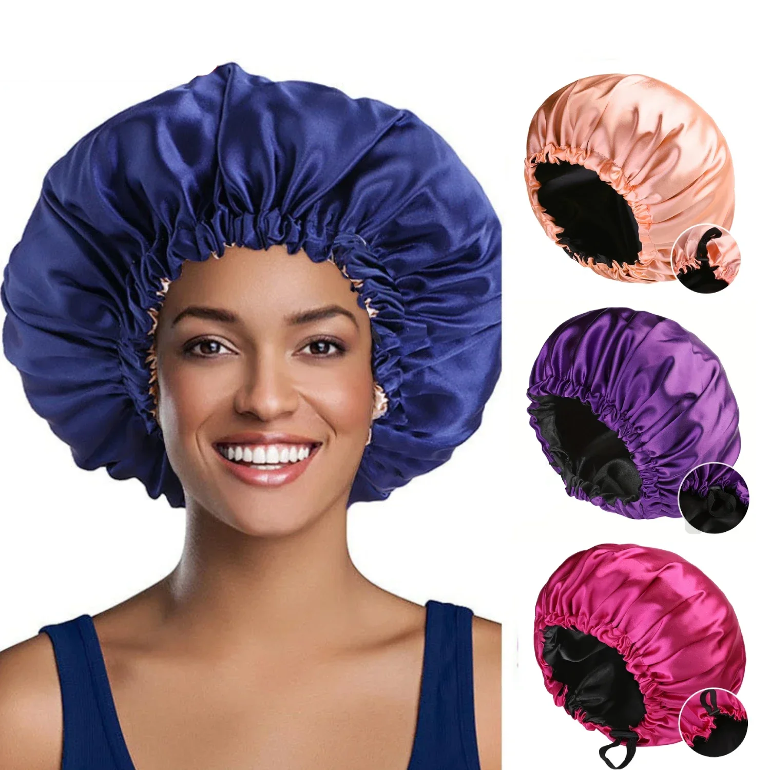 Fashionable-Bonnet-Solid-Color-Silky-Satin-Fabric-Elastic-Button-Double ...