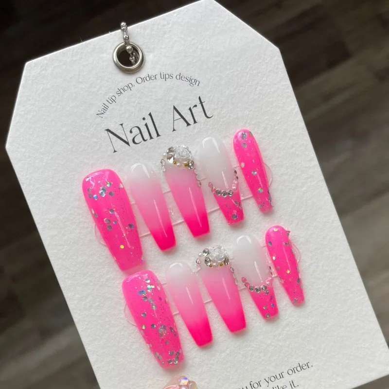 Handmade-Fake-Nails-Long-Powder-Nail-Art-Stickers-Gradient-French ...