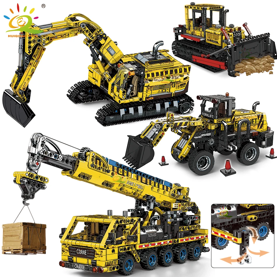 HUIQIBAO-Moc-Engineering-Truck-model-Building-Block-Excavator-Crane-Car ...
