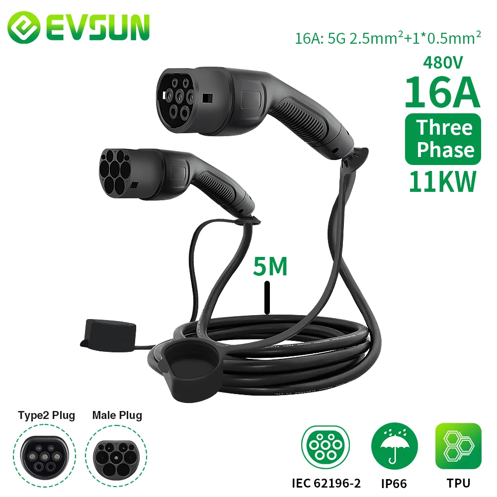 Evsun Ev Car Charger Charging Cable 3 Phase Electric Vehicle 16a Type 2 ...