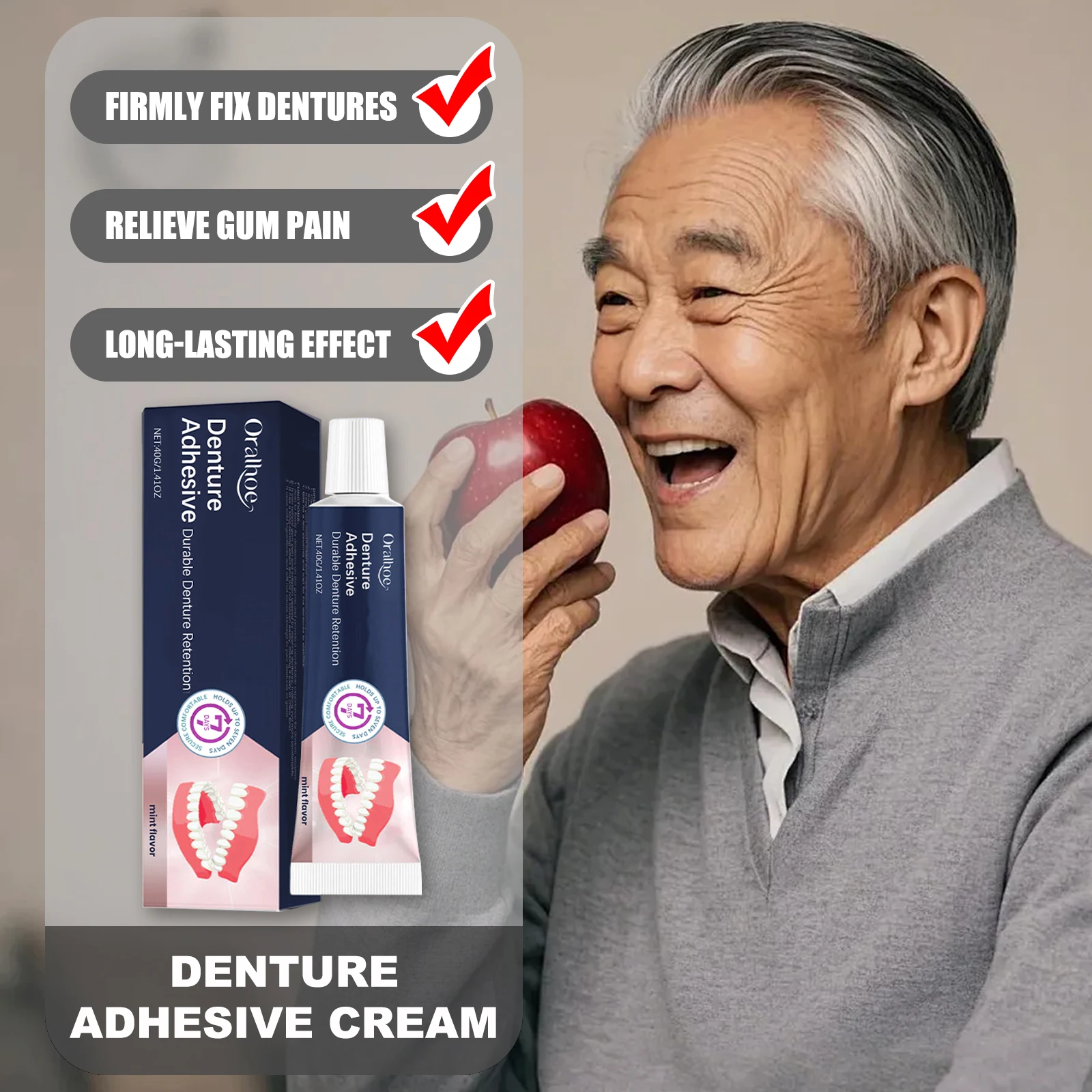 ORALHOE 40g Denture Adhesive Cream Firmly Fix Dentures Relieve Gum Pain ...