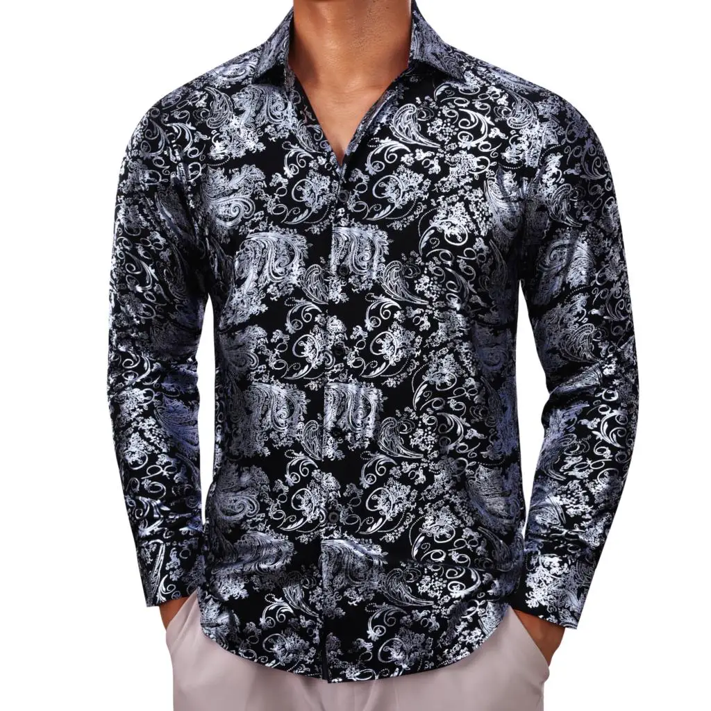 Designer-Shirts-for-Men-Silk-Long-Sleeve-Silver-Black-Flower-Slim-Fit ...