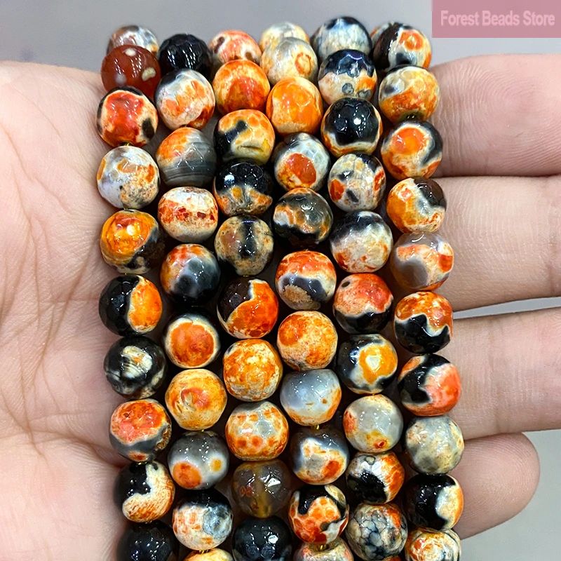 Frost Faceted Orange Dream Fire Dragon Veins Agates Round Loose Beads ...