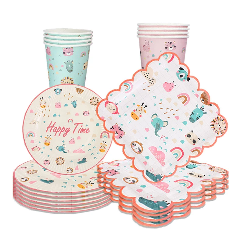 Cartoon Animals Party Disposable Tableware Happy Time Children 1st ...
