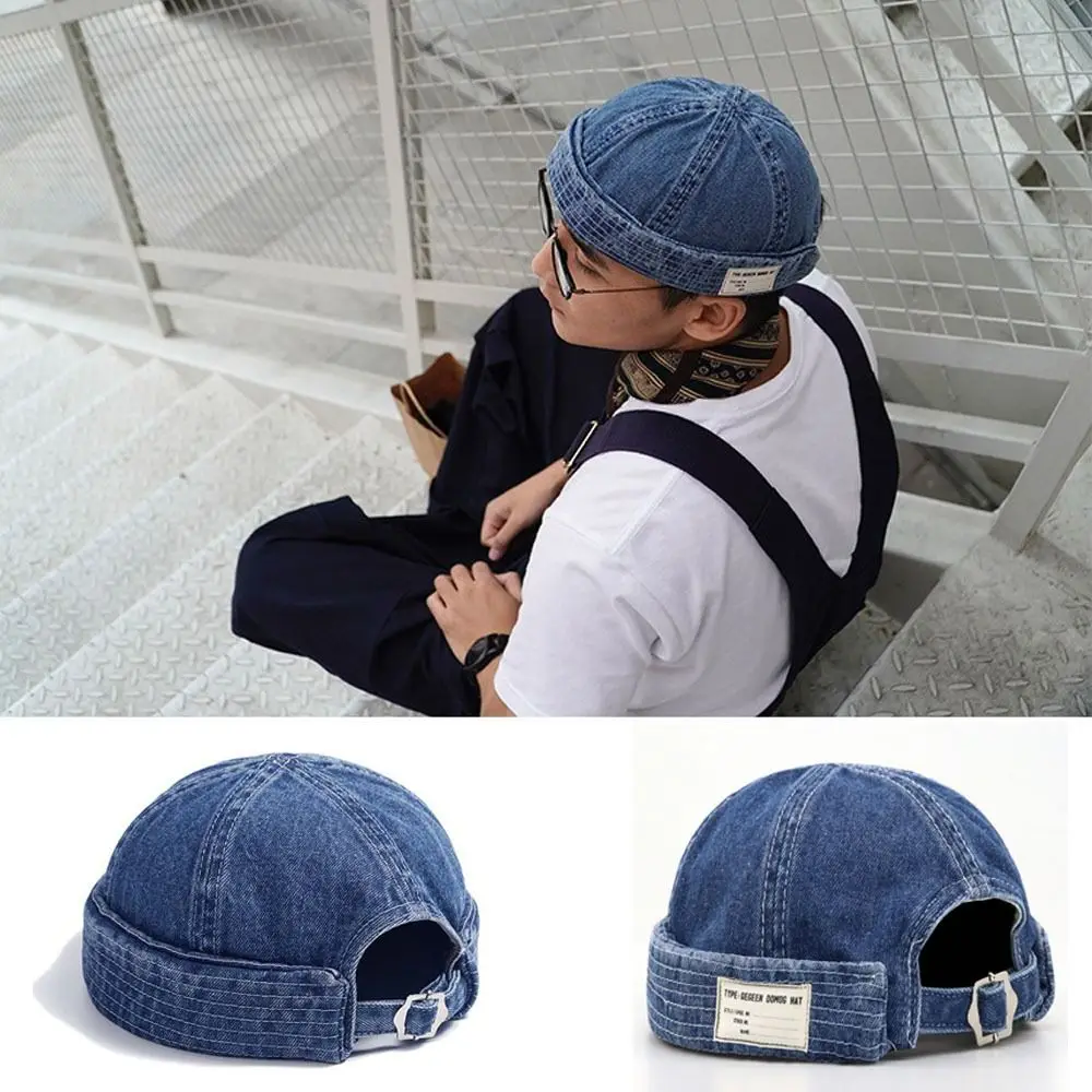 Trendy Retro Denim Dome Melon Cap Japanese Style Adjustable Brimless ...