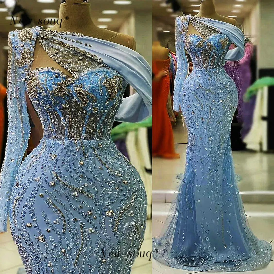 Fashion Sky Blue One Shoulder Evening Dresses Long Classy Formal Night ...