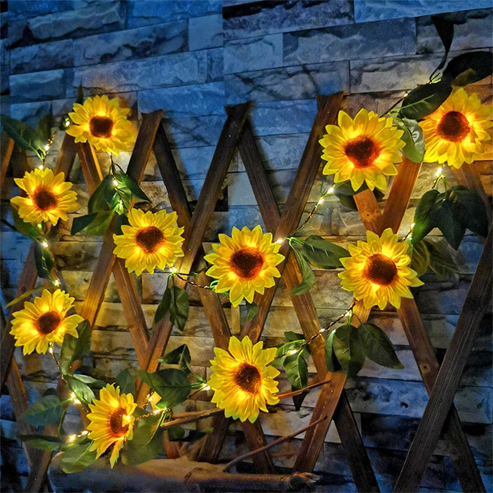 2M 20LED Sunflower String Lights Artificial Green Leaf Fairy Lights ...