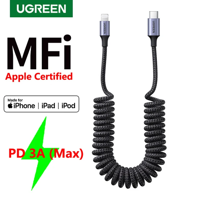 Ugreen MFI Car spring Retractable USB C to Lightning Cable For iPhone ...