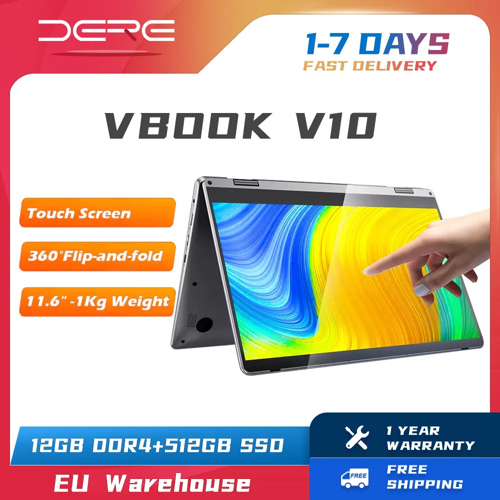 DERE V10 Laptop 11.6" Touch Screen 12GB RAM 512GB SSD 360° Flip Fold Intel Celeron N4000 Windows ...
