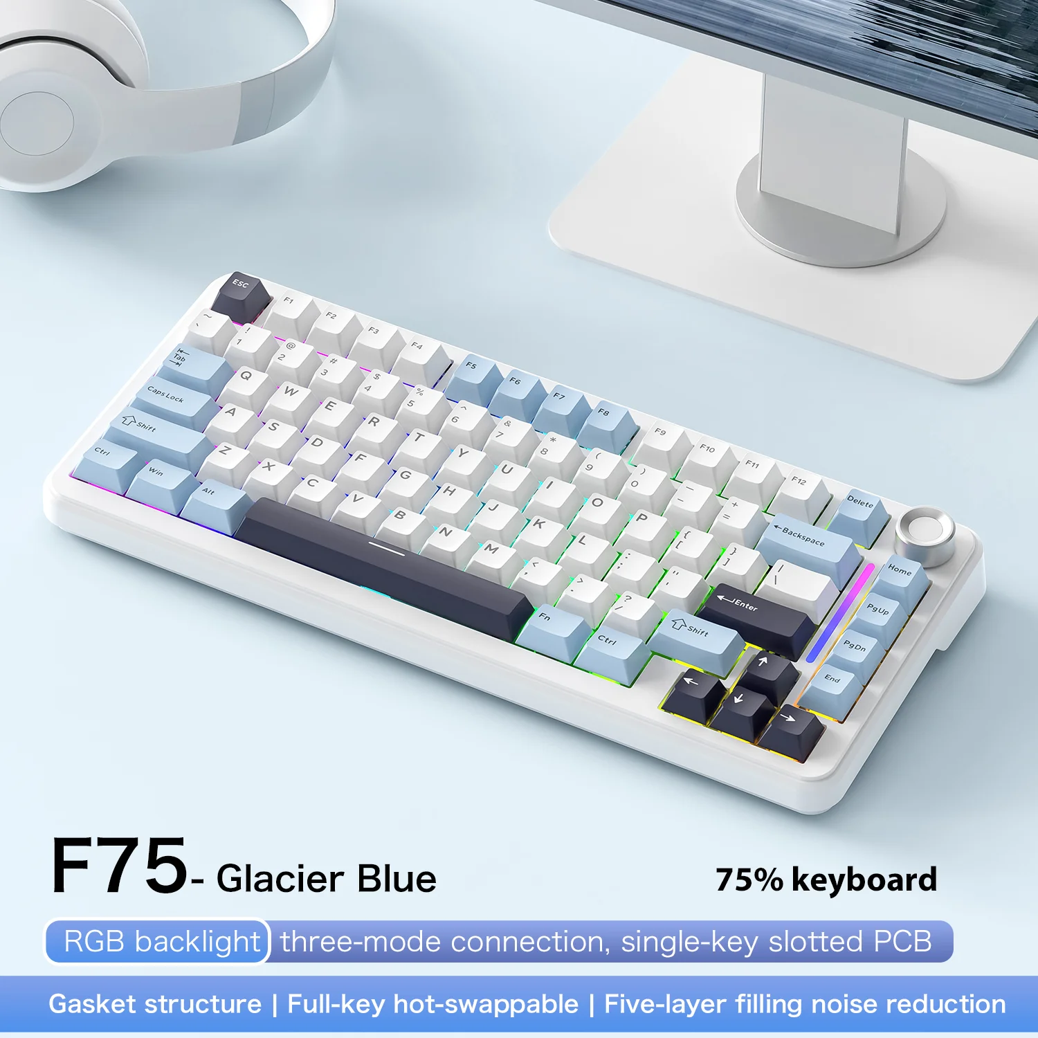 FREEWOLF F75 75% Teclado mecánico junta montaje tri-modo inalámbrico ...