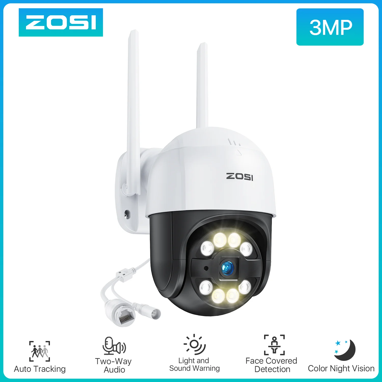 ZOSI 2K Pan/Tilt Outdoor WiFi Security Camera 3MP PTZ IP Camera Add On ...