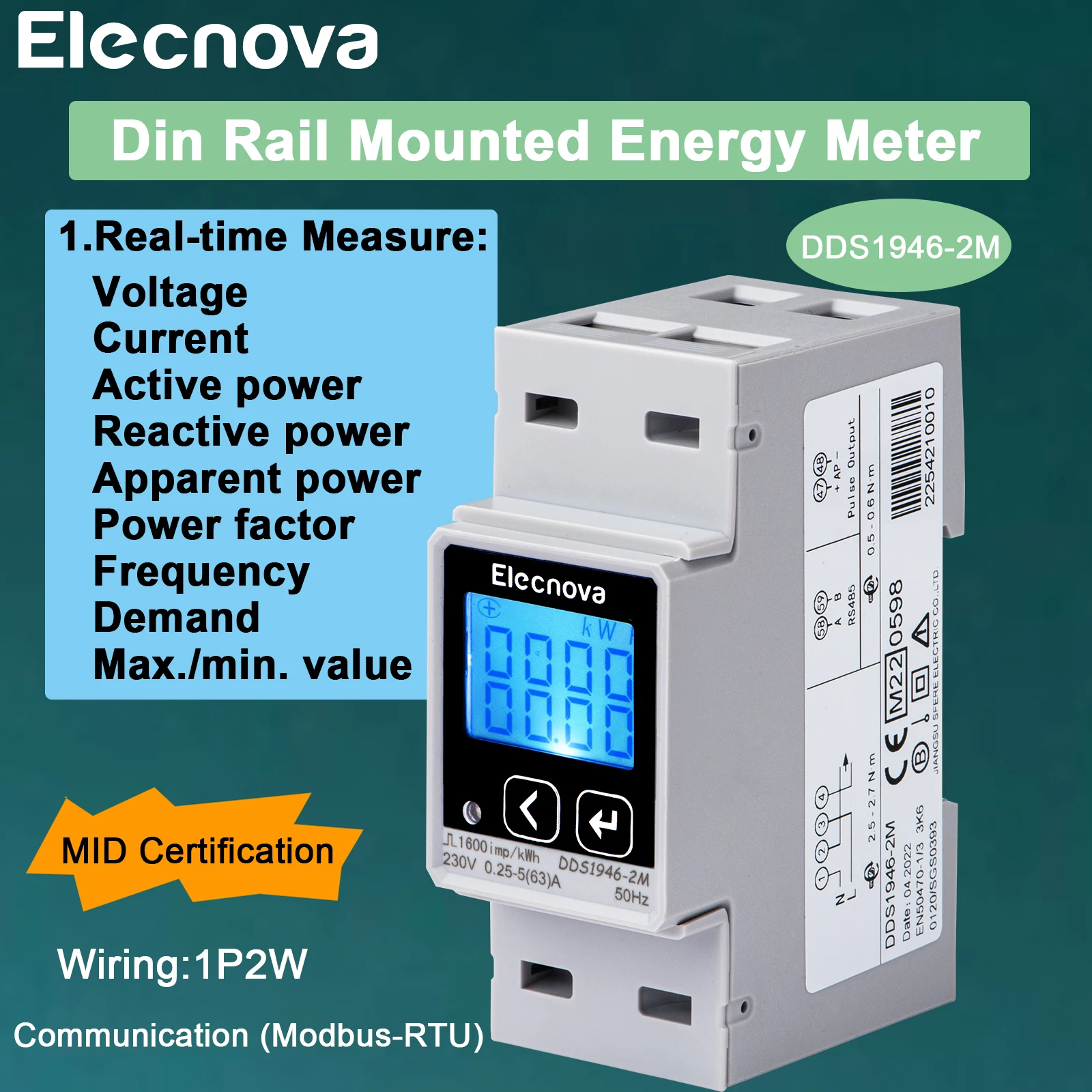 Everything Is Solar DDS1946-2M MID DIN Rail Power Energy KWh Meter ...