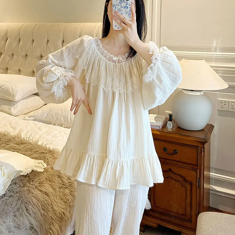 Spring Women Princess French Style Eyelash Lace Pajama Set Vintage ...