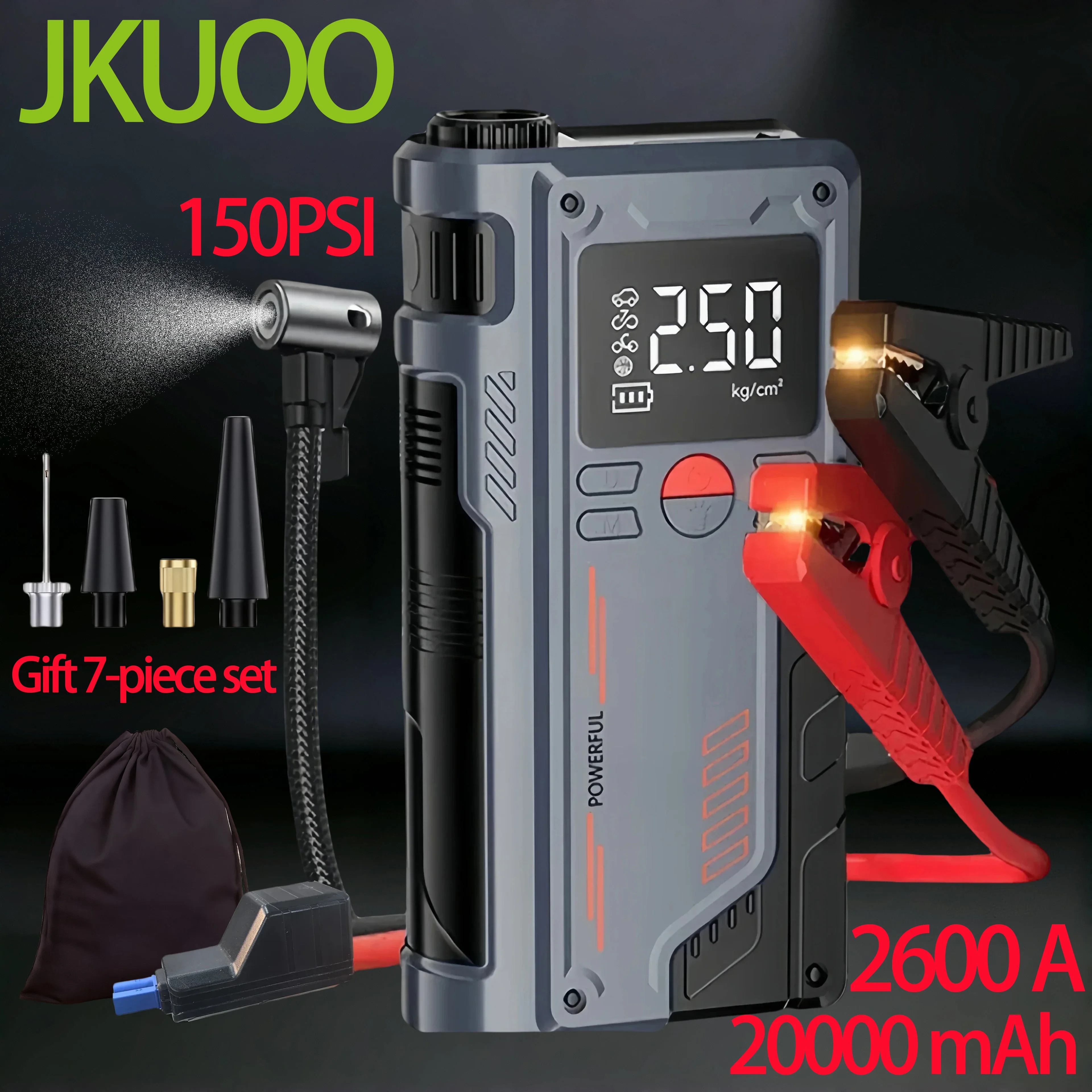 JKUOO 4 In 1 Car Jump Starter Power Bank Air Compressor Inflator ...