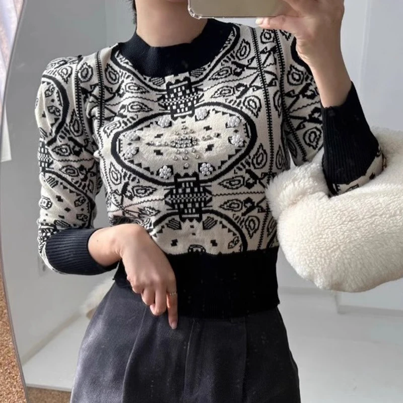 WDMSNA Ethnic Style Round Neck Knitted Sweater for Women Embroidery ...