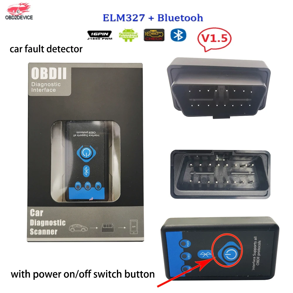 새로운 ELM327 V1.5 블루투스 OBD2 인터페이스 자동 코드 리더 미니 327 전원 스위치 버튼 OBDII ELM 327 ...