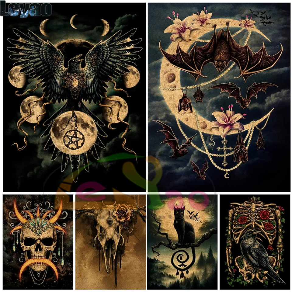 DIY-Diamond-Painting-Gothic-Bat-Black-Cat-Skeleton-full-Diamond ...