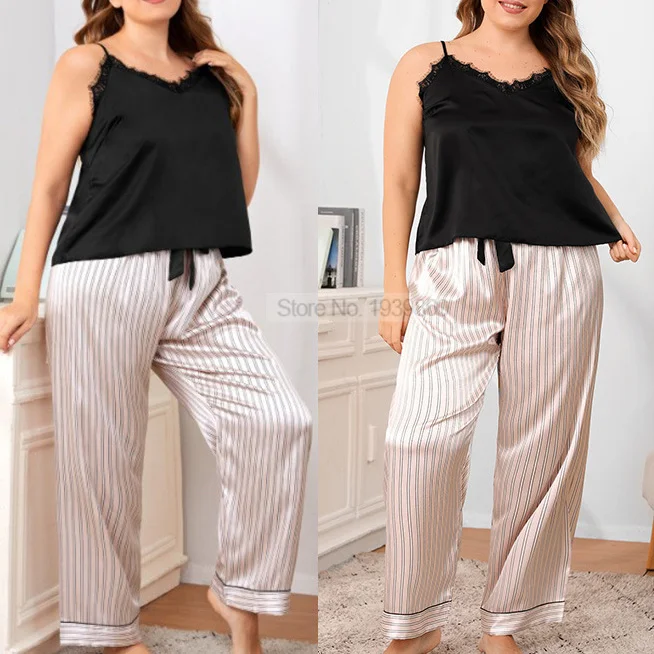 Oversize-5XL-Two-Pieces-Sleep-Set-Women-Pajamas-Stripe-Satin-Strap ...