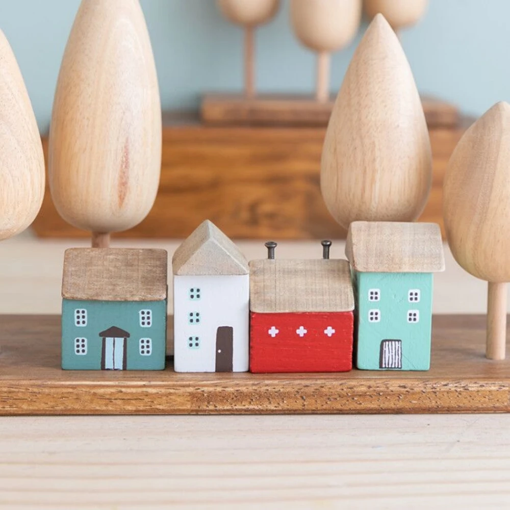 4Pcs-Small-Wooden-house-ornament-miniature-building-Table-Desktop-Home ...