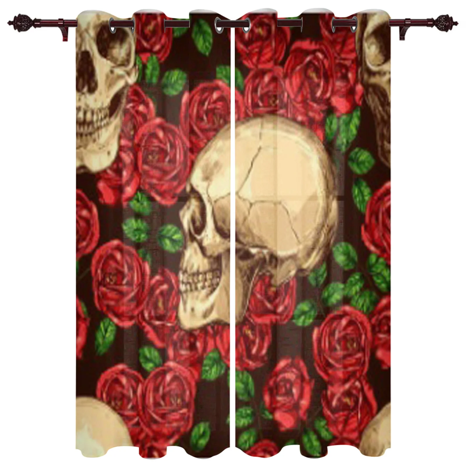 Gothic Pattern Color Skulls And Red Roses Window Curtains For Living ...