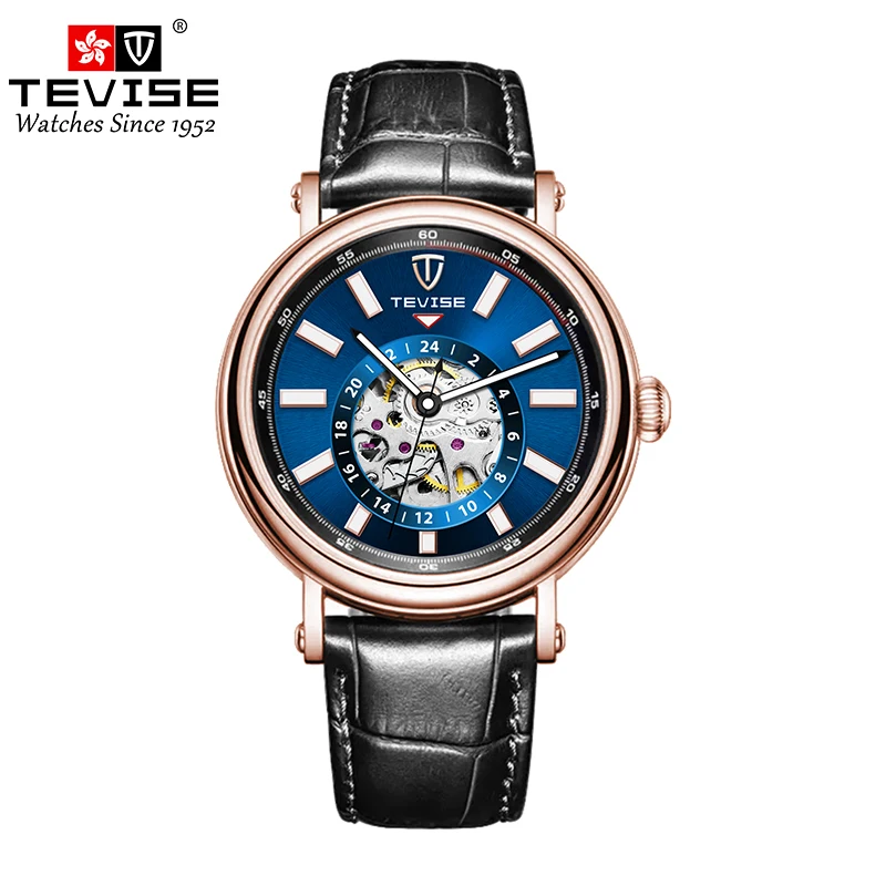 TEVISE Automatic Mechanical Watch Skeleton Watch 24 Hours Leather Strap ...