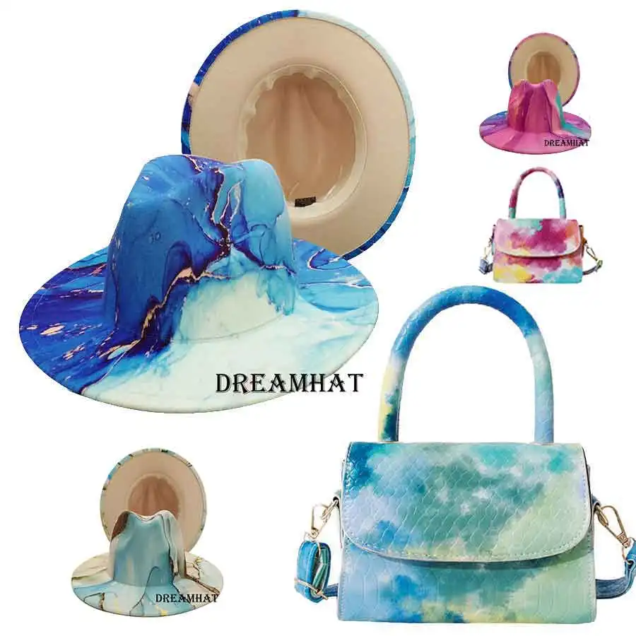 Tie Dye Fedora Hat For Women Bow Mesh Bag Oil Painting Style Fashion ...